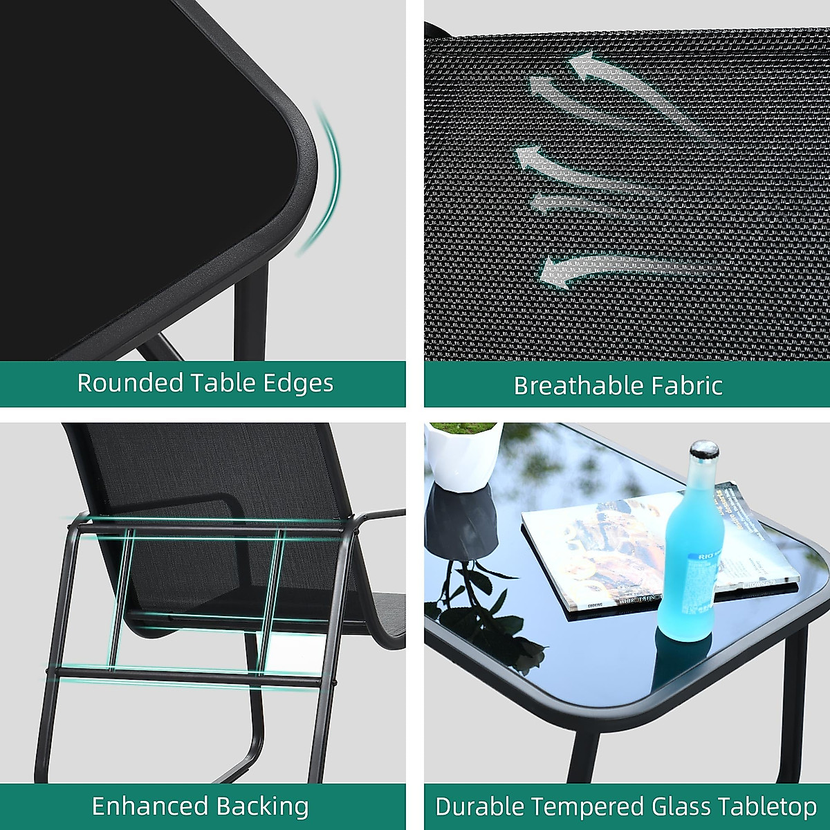 YITAHOME 4 Piece Patio Furniture Set, Small Backyard Bistro Rocking Chairs, Loveseat and Glass Table, Textilene Outdoor Conversation Set for Lawn, Garden, Balcony, Poolside (Black)