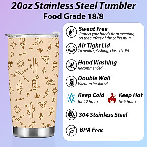 EIXU Birthday Christmas Presents Boho Western Coffee Tumbler, 20 oz Tumblers, Insulated Coffee Mug, Stainless Steel Thermal Cup Travel Coffee Cup, Cow Stuff Western Gifts for Women Men, Western Stuff