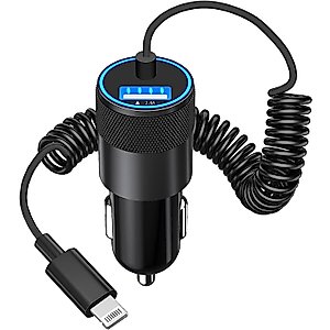 iPhone Fast Car Charger, [Apple MFi Certified] 66W Fast Car Charging Cigarette Lighter USB Car Adapter with Built-in 6FT Coiled Lightning Cable for Apple iPhone 15/14/13/12/11/Xs/XS Max/XR/X/8/7, iPad