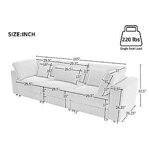 Merax 105" Couch Sofa with 5 Pillows and Removable Back Cushions, 3 Seater Corduroy Chaise Lounge Recliner for Living Room, Apartment Furniture, Beige