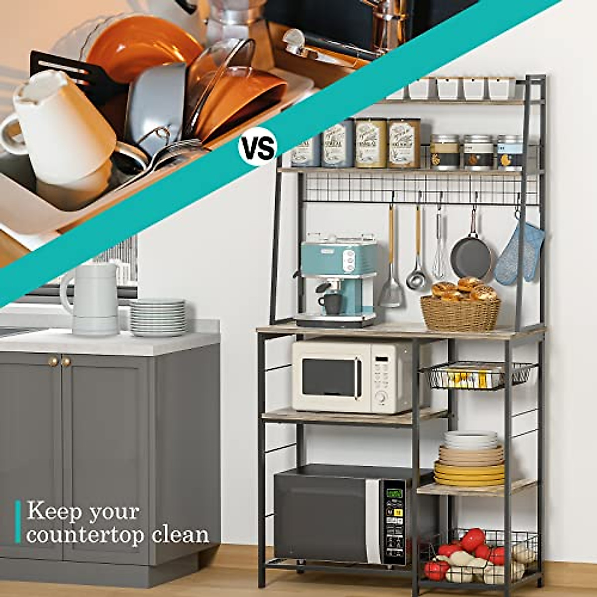 Kitchen Baker’s Rack with Storage Coffee Bar Station, 68inch Microwave Oven Stand with Pull-out Wire Basket 12 Hooks,5 Tier Storage Shelf with Mesh Panels for Utensils, Pots, Pans, Spices