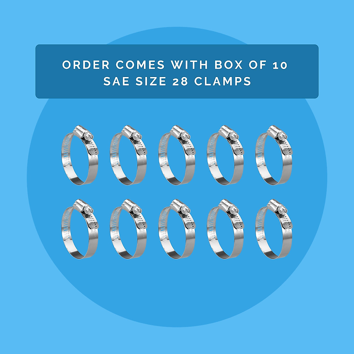 Koehler Enterprises Hose Clamps, Hose Clamp Box of 10, Radiator Hose Clamp, Silver, Size SAE 28