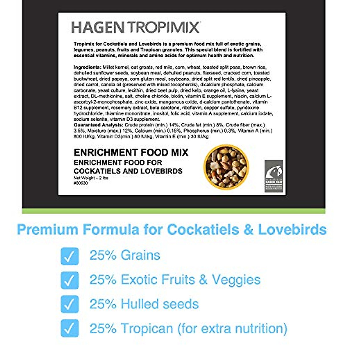 Hagen Tropimix Enrichment Food for Cockatiels & Lovebirds, 2 lb. - HARI Parrot Food with Seeds, Fruit, Nuts, Vegetables, Grains, and Legumes