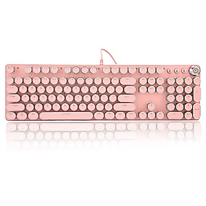 Pink Gaming Keyboard, Round Keycaps Mechanical Keyboard, Retro Punk Typewriter Keyboard, Pink and White Backlight, USB Wired, for Computer(Pink Punk)