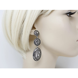 Triple Concho Drop Antique Silver Tone Post Earrings