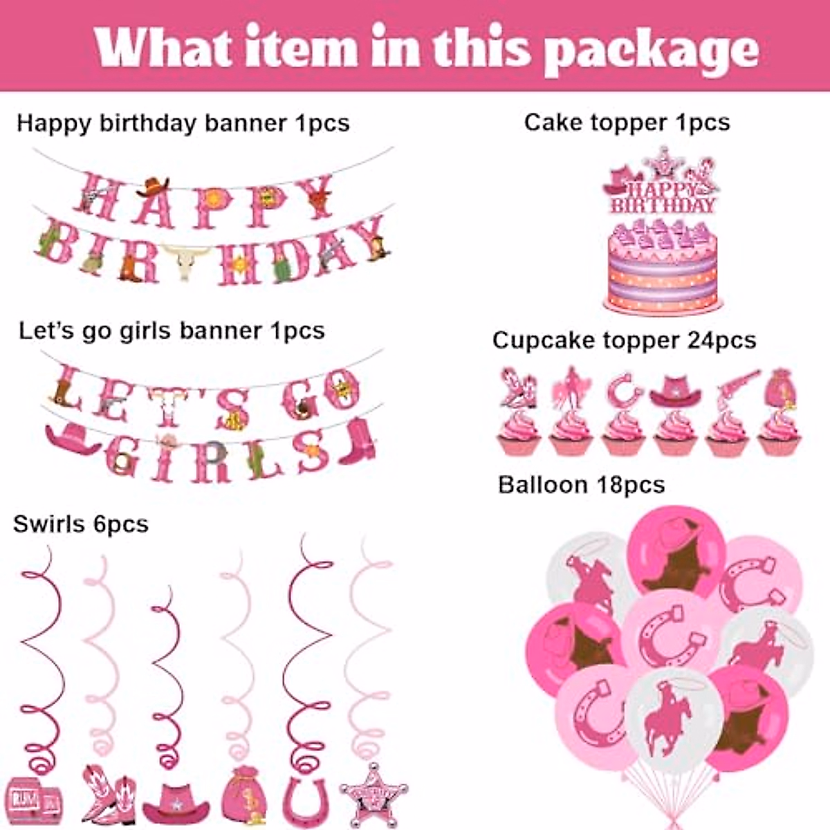 Western cowgirls birthday party decoration with banner cake topper balloons pink birthday party supplies for girls lets go girls party decoration