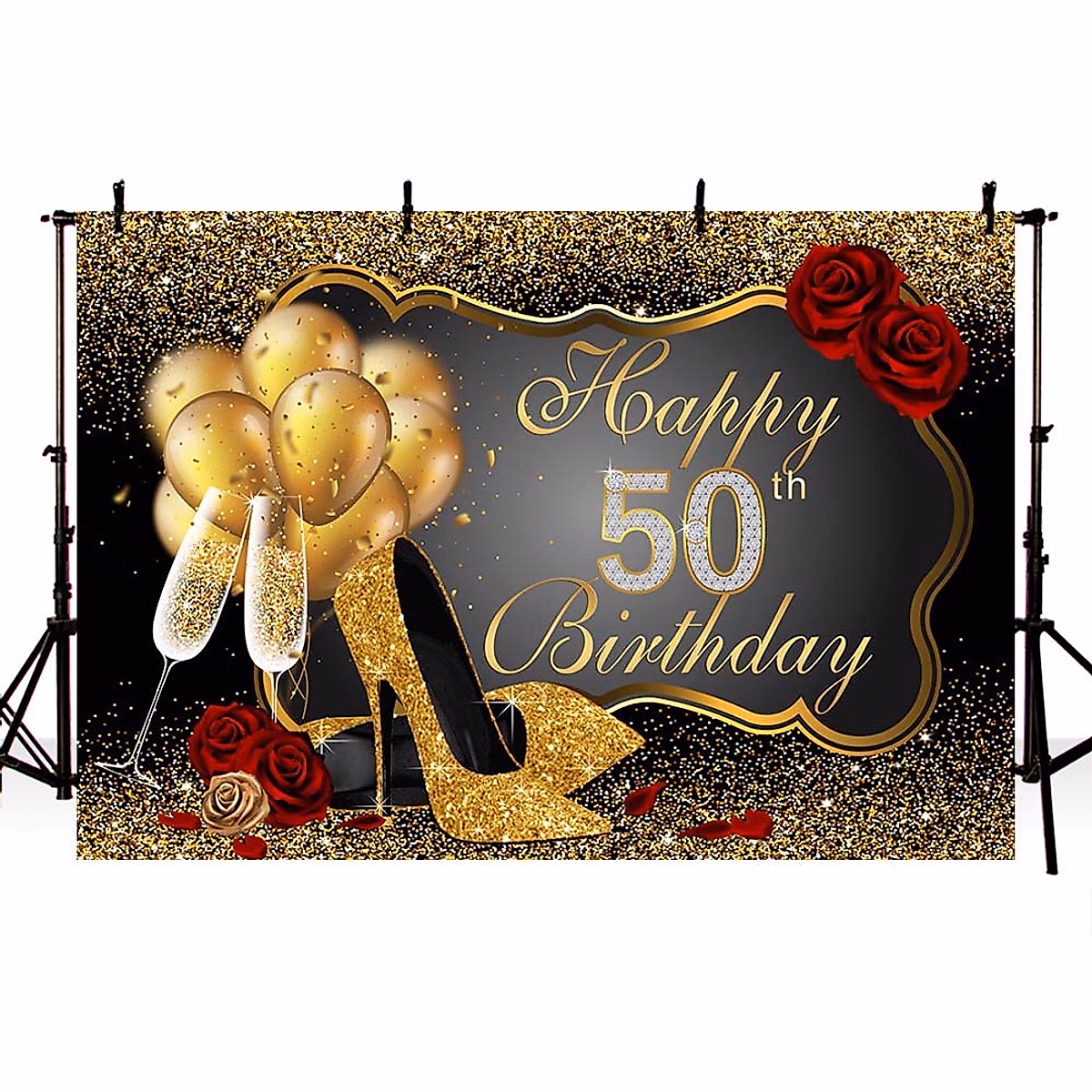 MEHOFOTO Photo Background Shining Sequin Black Gold High Heels Champagne Woman Red Rose Balloons 50th Happy Birthday Party Banner Backdrops for Photography 8x6ft