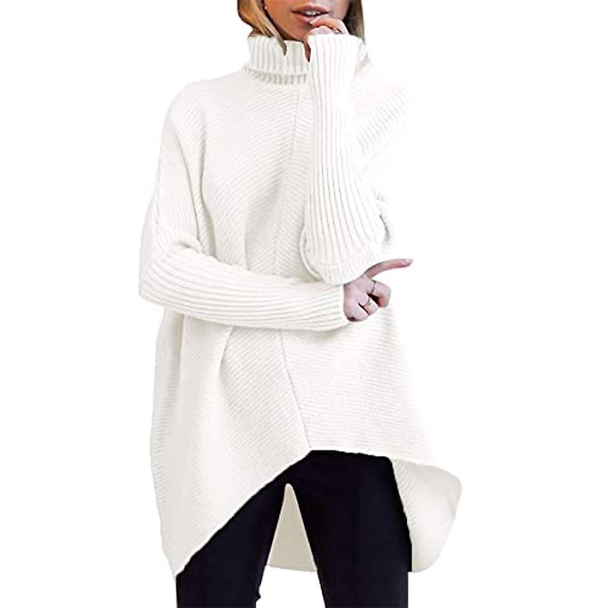 ANRABESS Womens Oversized Turtleneck Long Sleeve Sweater Asymmetric Hem Casual 2023 Fall Winter Pullover Knit Pullover Jumper Tops A87Bai-M White