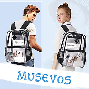 MUSEVOS Clear Backpack Stadium Approved, Heavy Duty See Through Book Bag, Black Transparent
