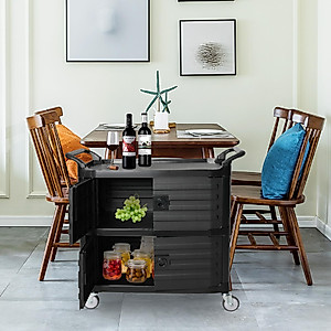 3-Tier Service Utility Carts on Wheels, Mobile Kitchen Cart with Handle & Storage Cabinet, Portable Rolling Cart for Home Hotel Restaurant (Black)