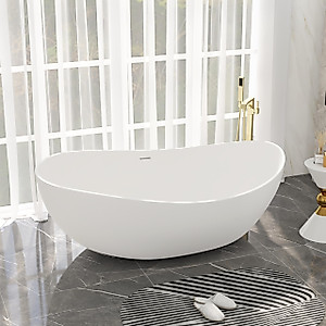 Weibath Freestanding 71 Inch Oval Bathtub Stone Resin Soaking Bathtub with Center Drain (Matte White)