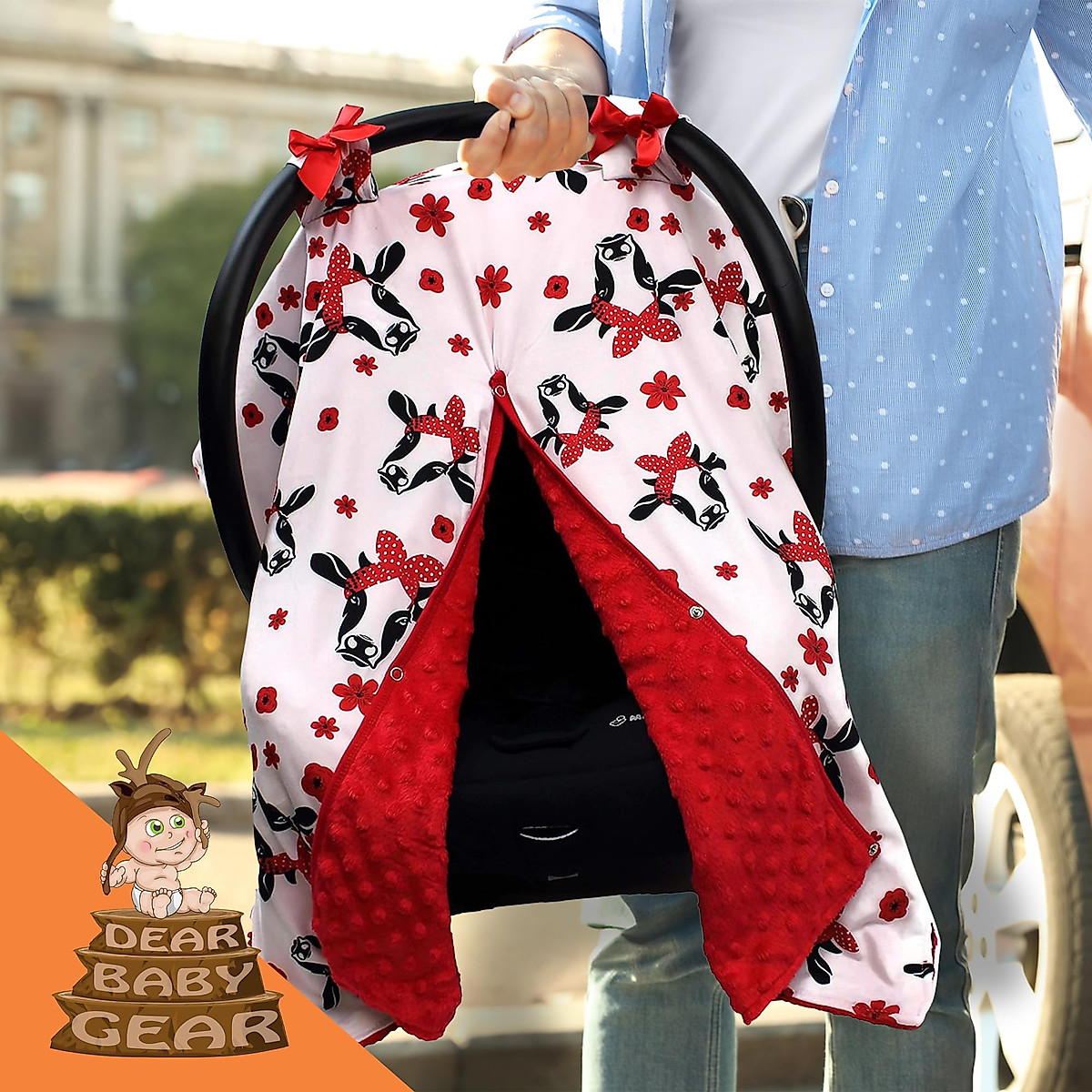 Dear Baby Gear Carseat Canopy - Car Seat Cover with Snap Opening for Girls and Boys - Infant Car Chair Canopies - Floral & Farm Prints - Nursing Covers 39" x 32" (Heifer Cow and Red Flowers, Red)