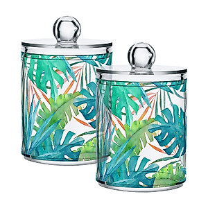 Palm Leaves 2 Pack Qtip Holder Organizer Dispenser Plastic Bathroom Jars Storage Containers with Lids Clear Jars for Home Bathroom Decor