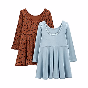 Simple Joys by Carter's Girls' Toddler 2-Pack Stretch Rib Dresses, Brown Animal Print/Dusty Blue, 7