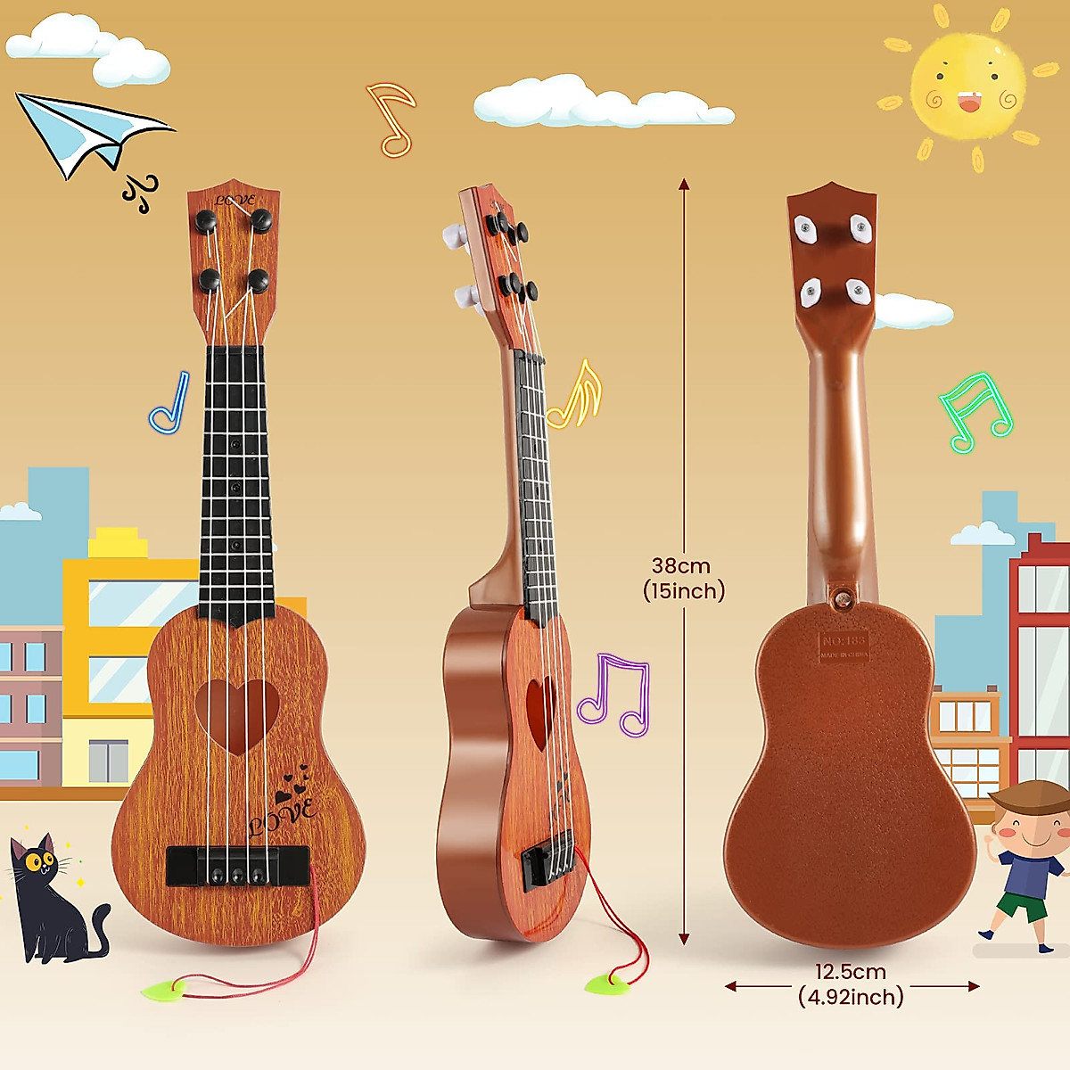 Kids Guitar Ukulele, Musical Instrument for Toddler Ukulele, 4 Strings Guitar for Beginners Ukulele Toy (Brown-Love)