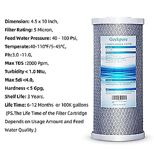Geekpure 10 Inch Whole House Replacement Carbon Block Water Filter Cartridge -4.5"x 10"-5 Micron