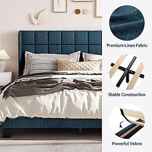 Allewie King Size Platform Bed Frame with Wingback, Upholstered Square Stitched Headboard and Wooden Slats, Mattress Foundation, Box Spring Optional, Easy Assembly, Dark Blue