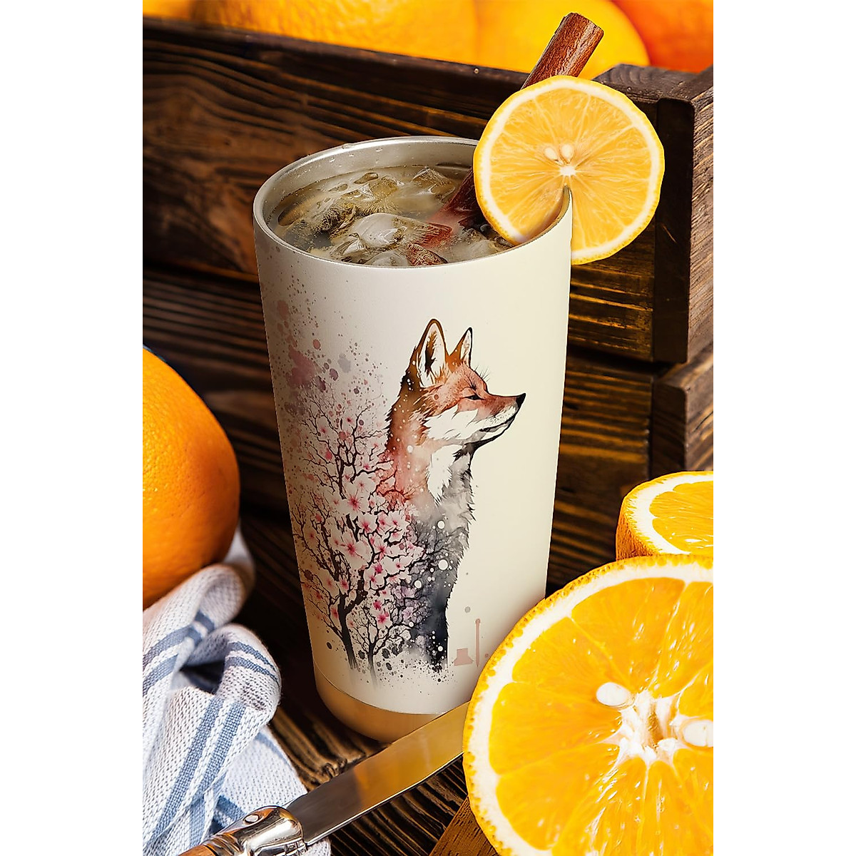 20oz Spring Cherry Blossom Fox Tumbler, Gifts for Fox Lovers, Coffee Thermos for Women, Stainless Steel Double Wall Vacuum Insulated Coffee Mug, Travel Cup with Lid