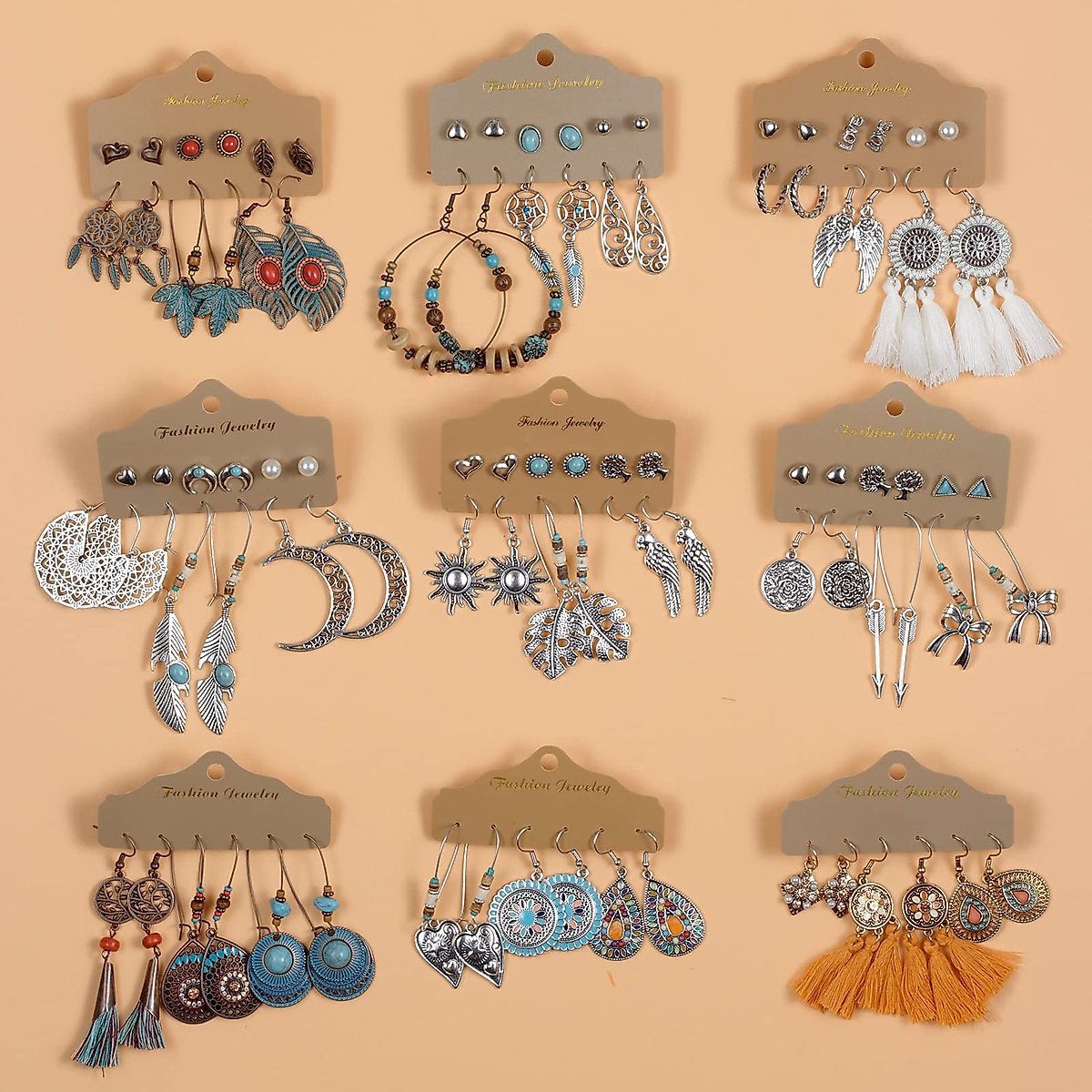 JMScape 45 Pairs Bohemian Vintage Drop Dangle Earrings Set for Women, Fashion Boho Earrings National Style Tassel Eardrop Hollow Bronze Waterdrop Leaf Jewelry for Valentine's Day Gifts