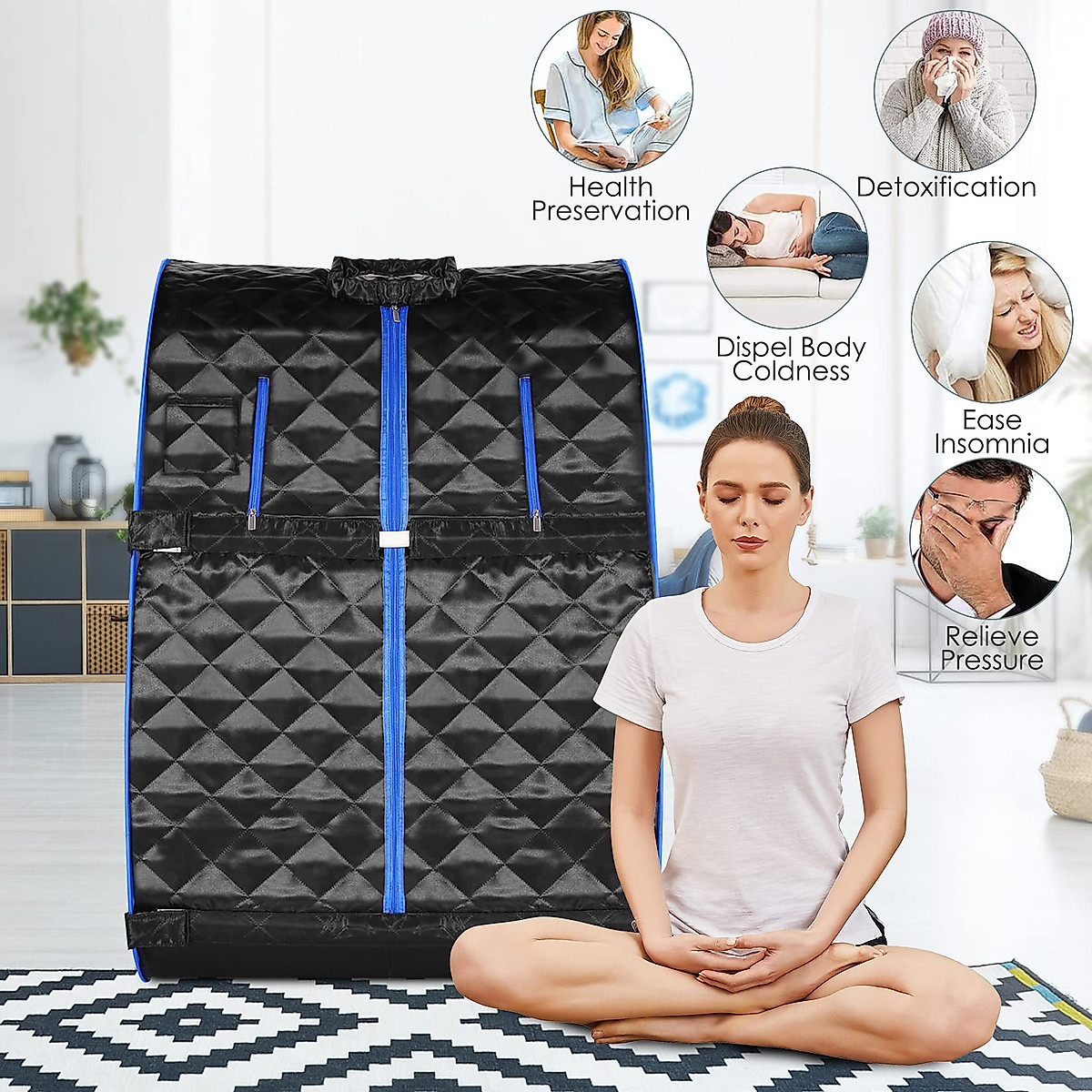 Hurbo Newest Portable Folding steam Sauna Room, Home Sauna spa, Weight Loss Therapy, Full Body Spa Detox Sauna Room with Foldable Chair Timer Remote Contro (29.5 x 35 x 40.3inch, Black Blue)