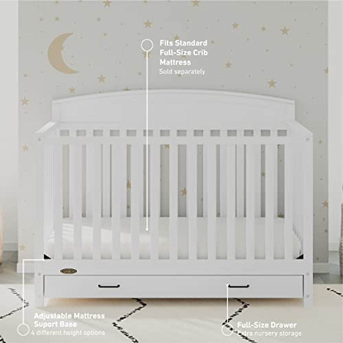 Graco Benton 5-in-1 Convertible Crib with Drawer (White) - Converts from Baby Crib to Toddler Bed, Daybed and Full-Size Bed, Fits Standard Full-Size Crib Mattress, Adjustable Mattress Support Base
