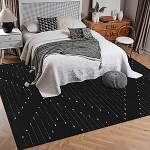 LIVEBOX Boho Area Rug 8' x 10' Black Living Room Rug Washable Moroccan Cotton Rugs for Bedroom, Large Thin Carpet Indoor Outdoor Floor Rug for Dining Room Home Office