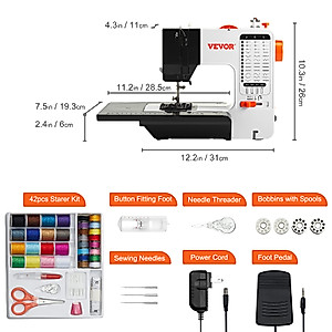 VEVOR Portable Sewing Machine for Beginners with 38 Built-in Stitches & Reverse Sewing, Dual Speed Sewing Machine with Extension Table Foot Pedal, Accessory Kit Family Home Travel