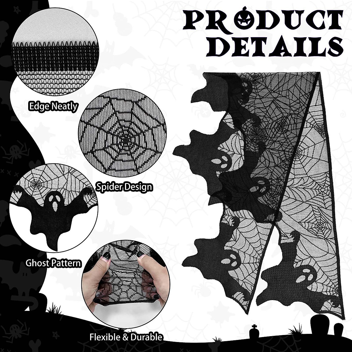 OurWarm Halloween Decorations Ghost Spiderweb, Black Lace Spider Web Halloween Fireplace Cover, Cobweb Halloween Mantle Scarf for Halloween Mantel Decor Halloween Party Supplies 21 x 79 Inches