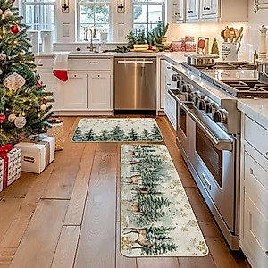 Artoid Mode Xmas Trees Deer Snowflakes Christmas Kitchen Mats Set of 2, Winter Home Decor Low-Profile Kitchen Rugs for Floor - 17x29 and 17x47 Inch