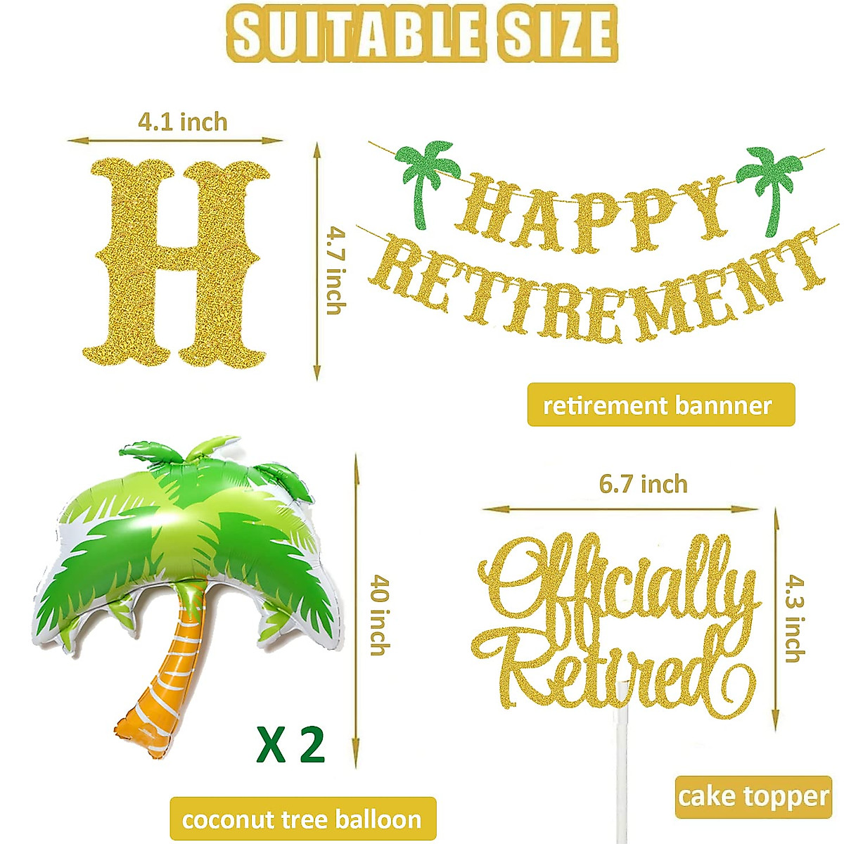 Beach Theme Retirement Party Decorations - Gold Glitter Happy Retirement Banner & Happy Retirement Cake Topper & Coconut Tree Balloons for Beach Theme Retirement Party Supplies Retired Gift Ideas