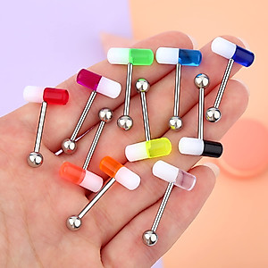 Melighting 10Pcs Pill Tongue Rings 14G Surgical Steel Tongue Piercing with Mix-Color Uv Shaped Tongue Ring with Ball Tongue Piercing Jewelry for Women Men Set