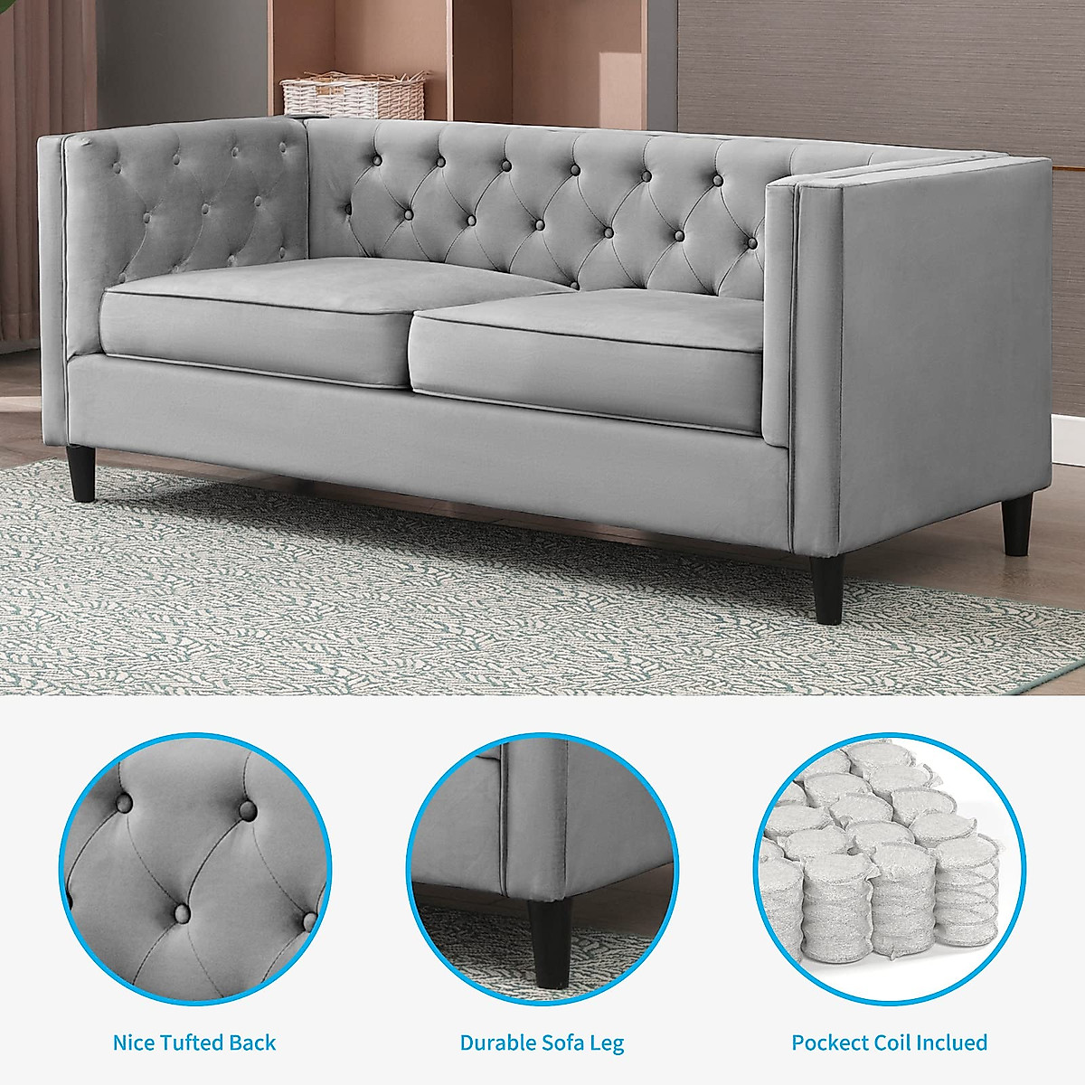 Mjkone Velvet Sofa 69'' W, Compact Loveseat Couch with Solid Wood Legs, Button Tufted Futon for Small Spaces, Mid-Century Modern Style Big 2 Seat Couch for Living Room, Apartment, Office - Dark Gray