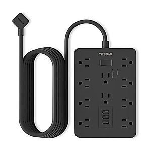 Surge Protector Extension Cord 10 Ft Black, TESSAN Flat Plug Power Strip with 10 Wide-Spaced AC Outlets and 3 USB Ports, 1875W/15A, 1700J Protection, Wall Mount Outlet Strip for Home, Office, School