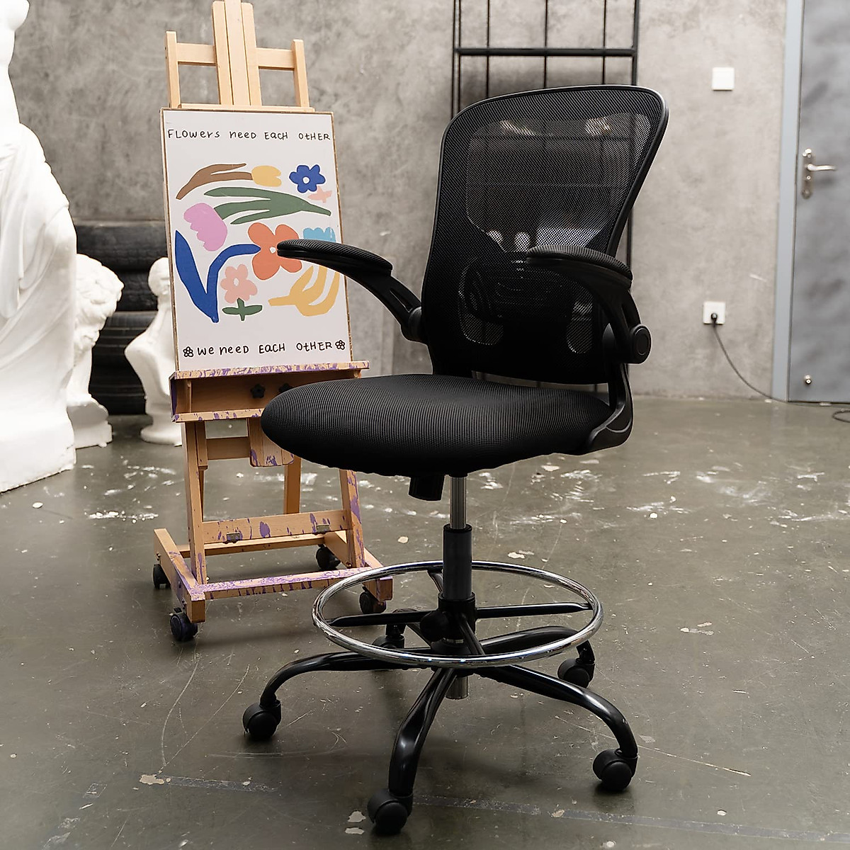 Drafting Chair Tall Office Chair, Standing Desk Chair 3.9'' Cushion, Ergonomic Mesh Computer Chair with Adjustable Foot Ring & Flip-Up Arm, Executive Rolling Swivel Stool for Office & Home. (Black)