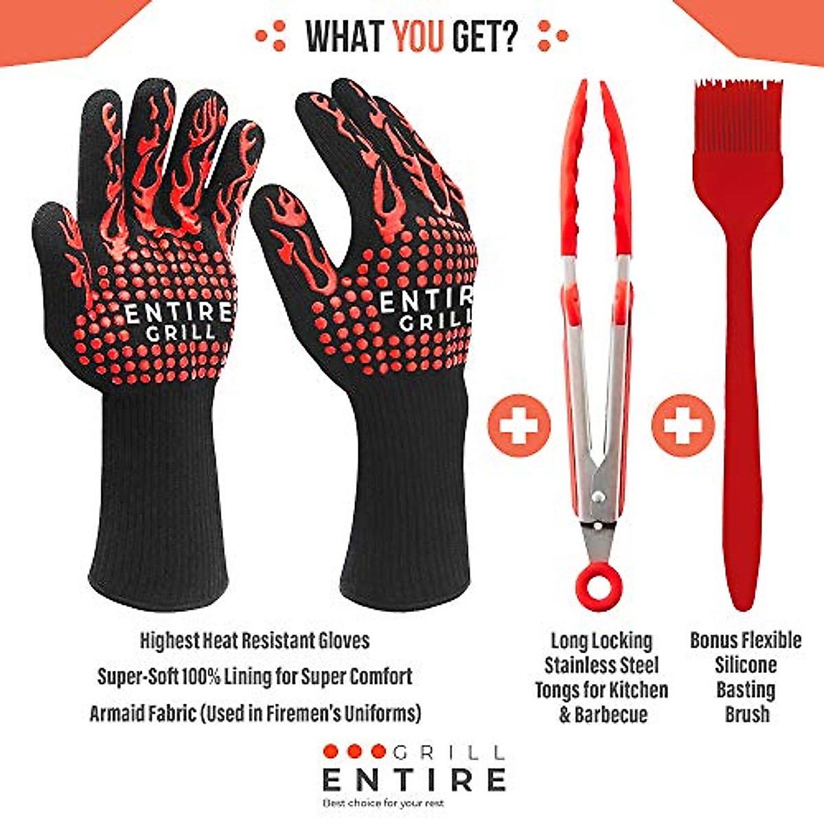 Entire 3 in 1 BBQ Grill Gloves, Extreme Heat Resistant, Insulated Fireproof Silicone Oven Mitts for Cooking, Grilling, Barbecue, Non-Slip Grip Pair with Silicone Brush & BBQ Grilling Tong