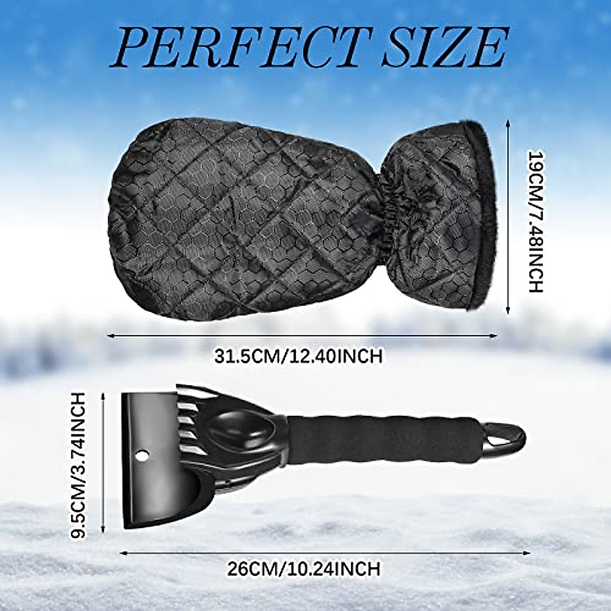 EBOOT 4 Pieces Ice Scraper with Glove Car Scraper Mitt Windshield Scraper Mitt Glove with Comfortable Foam Grip Waterproof Snow Scraper Remover Glove for Car Snow Removal Supplies, Black