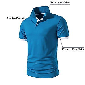 A WATERWANG Men's Short Sleeve Polo Shirts, Slim-fit Cotton Golf Polo Shirts Basic Designed Teal Blue
