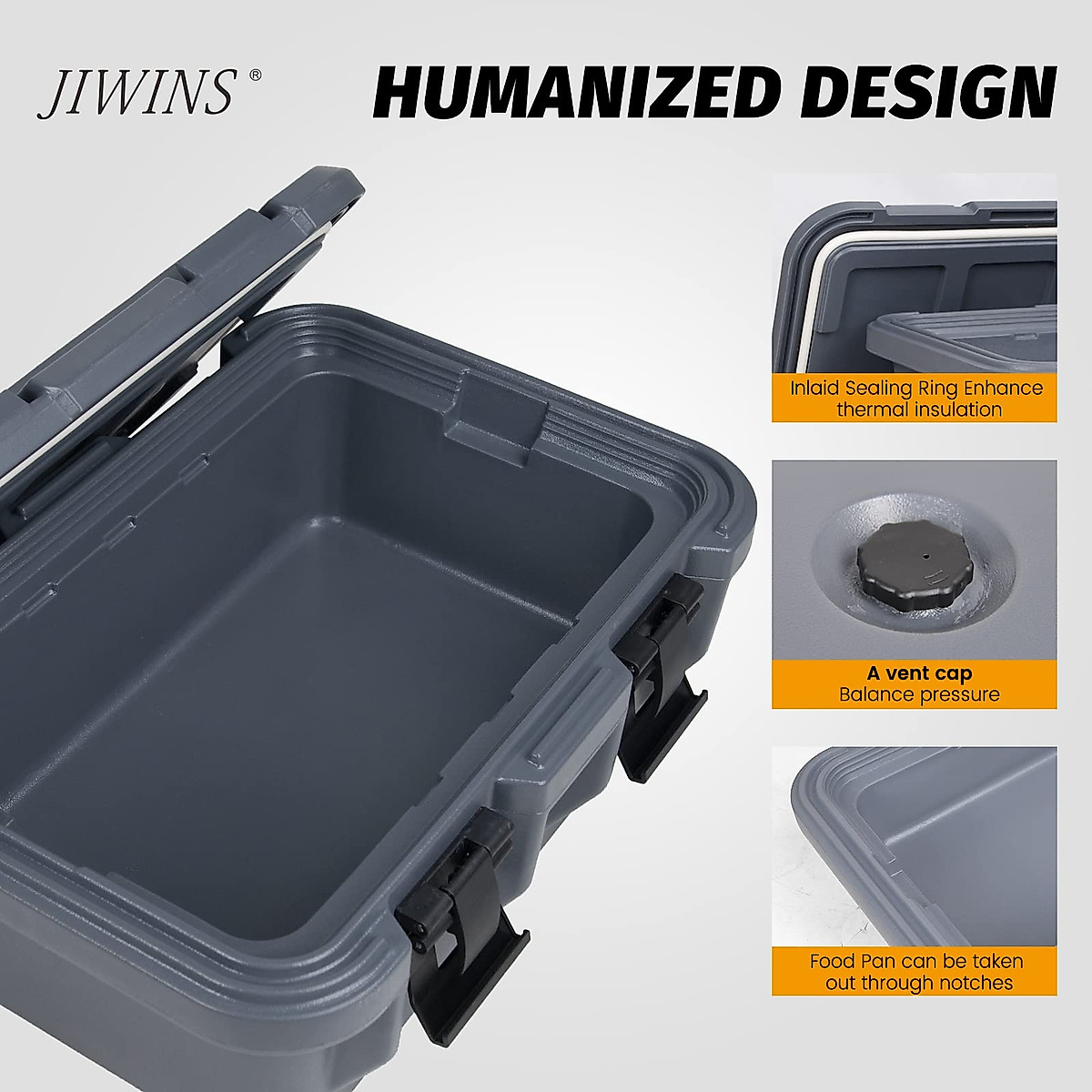 Jiwins Insulated Food Pan Carrier, Top Loader Pan Carrier, Stackable, for Restaurant Canteen, Gray, Suitable for 6" Deep Pans
