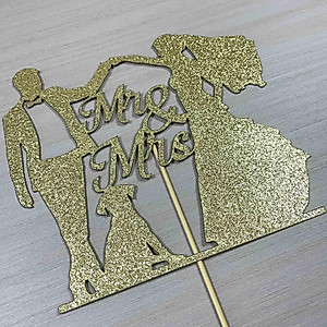 OIXCMNJQ Mr & Mrs Cake Topper, Wedding Anniversary, Bridal Shower, Engagement, Bride and Groom Hold Hands with Pet Dog Silhouette Cake Decorations Supplies, Gold Glitter