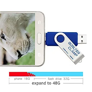 BorlterClamp 32GB USB Flash Drive Dual Port Memory Stick, OTG Swivel Thumb Drive with Micro USB Drive Port for Android Smartphone Tablet & Computer (Blue)
