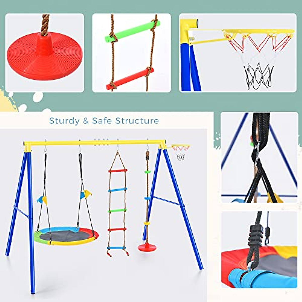 Saucer Swing Set for Backyard 4 in 1, YMERSEN Swing Set Outdoor for Kids with Steel Frames, Climbing Rope with Disc Tree Swing Play Set, and Basketball Hoop Blue
