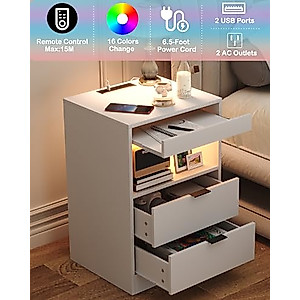 Yusong Night Stand, Bedside Table, LED Nightstand with Charging Station, Modern Night Stand White,Wood Sofa Couch End Side Table with 2 Pull-Out Shelf