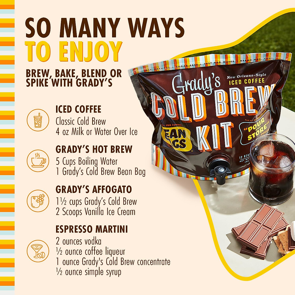 Grady's Cold Brew Coffee | Original | New orleans Style Cold brew Concentrate | Pour & Store Kit with 12 Bean Bags + 1 Pour & Store Pouch | 36 Servings
