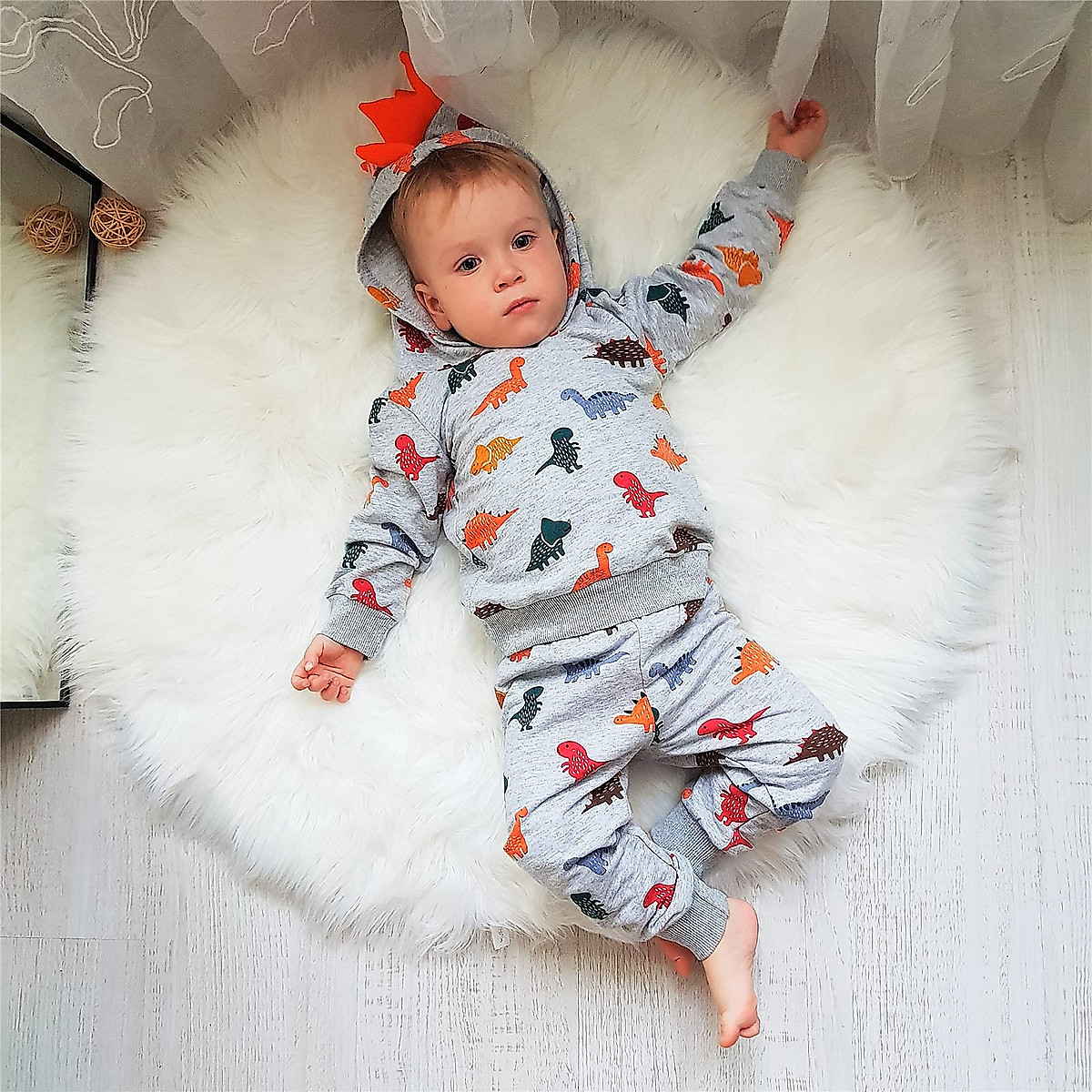 Toddler Infant Baby Boy Clothes Colored Dinosaurs Long Sleeve Hoodie Tops Sweatsuit Pants Outfit Set (12-18 Months)