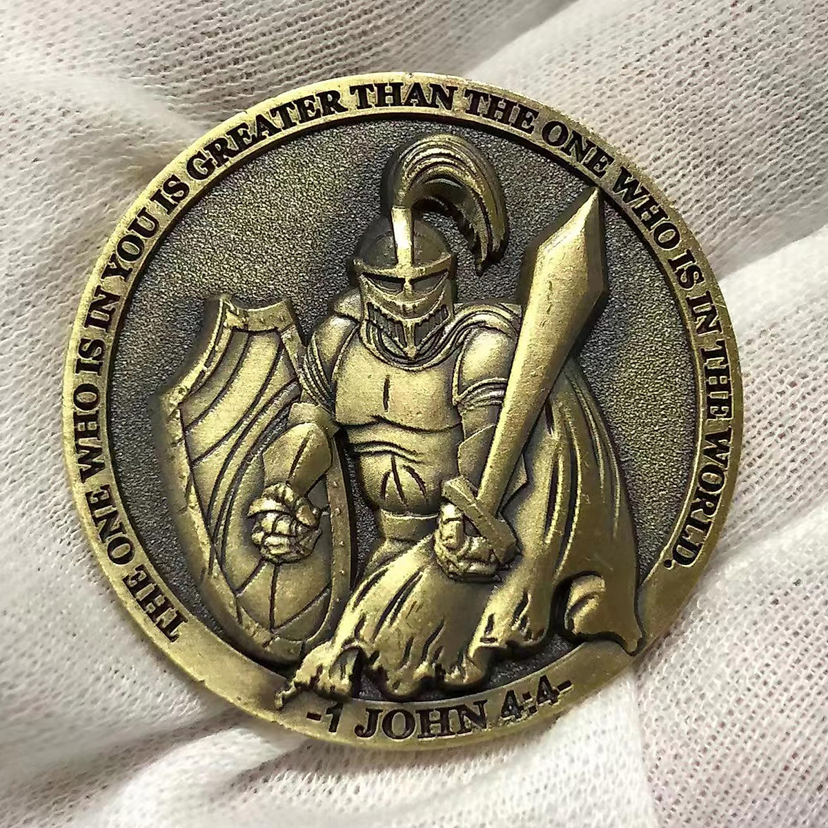 The Task Ahead Christian Challenge Coin Featuring A Fully Armored Warrior and Scripture John 4:4, Bible Verses Pocket Token (Single Coin)