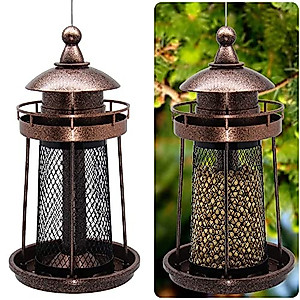 Twinkle Star Wild Bird Feeder Hanging for Garden Yard Outside Decoration, Panorama Gazebo Birdfeeder, Lighthouse Shaped (Copper Red)