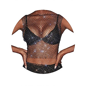 Yokawe Mesh Crystal Body Chain Black Rhinestone Fishnet Tank Tops See Through Bikini Party Body Accessories Jewelry for Women (Black)