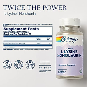SOLARAY L-Lysine Monolaurin Immune Support Supplement, 1:1 Ratio for Immune System Function, Skin and Gut Health Support, 500 mg Each, 60-Day Money Back Guarantee, 30 Servings, 60 VegCaps