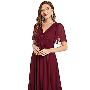 Ever-Pretty Women's Chiffon V Neck Back Lace up Short Sleeves Pleated Maxi Bridesmaid Dress Burgundy US10