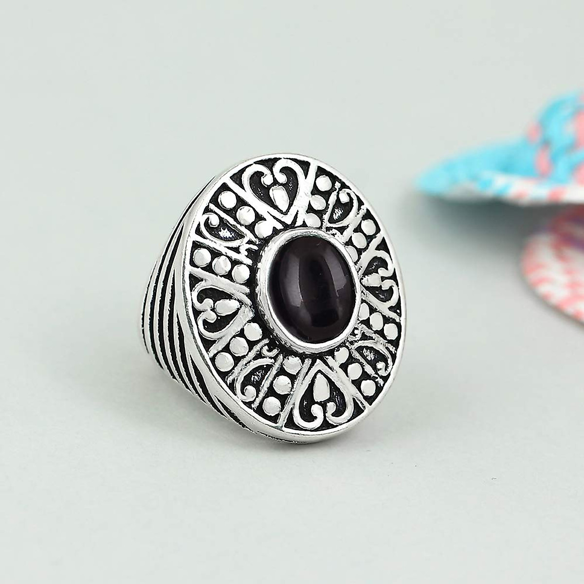 Black Onyx Ring Sterling Silver Plated for Women Size 11, Handmade Black Stone December Birthstone Bohemian Victorian Jewelry Gifts For Her